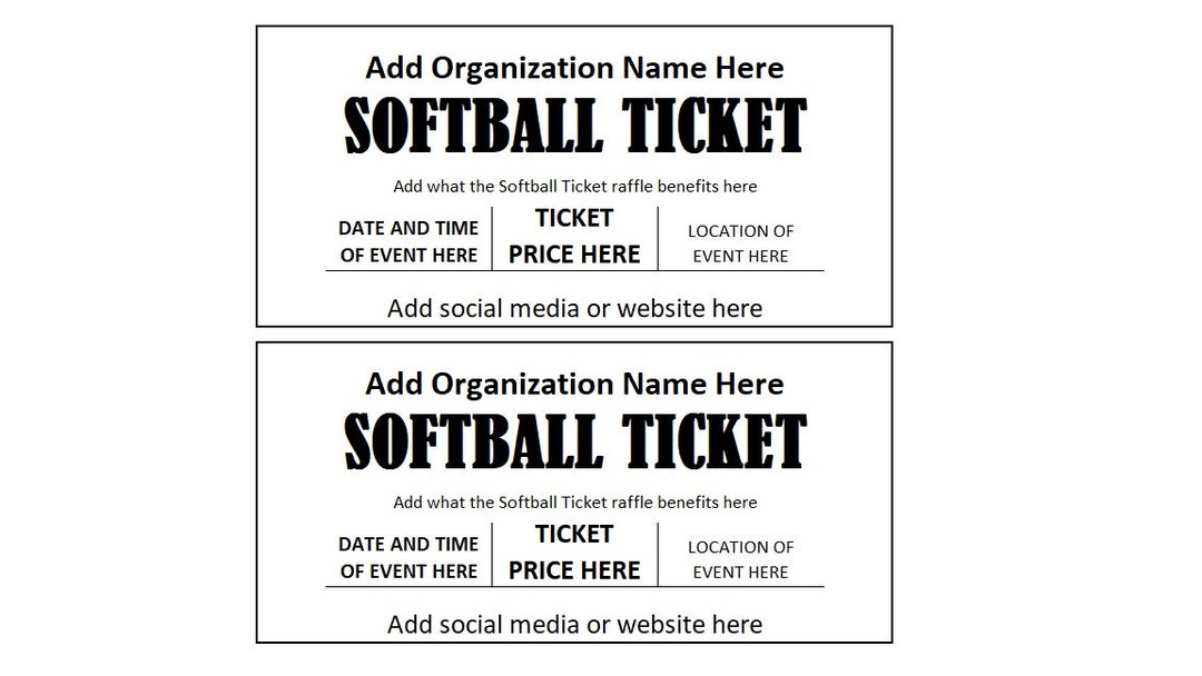 Editable Softball Ticket, Softball Ticket Fundraiser Ticket, Softball ...