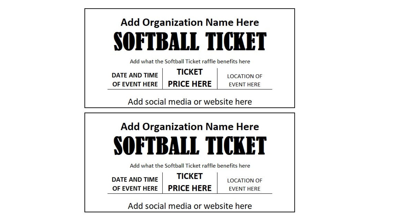 Editable Softball Ticket, Softball Ticket Fundraiser Ticket, Softball ...