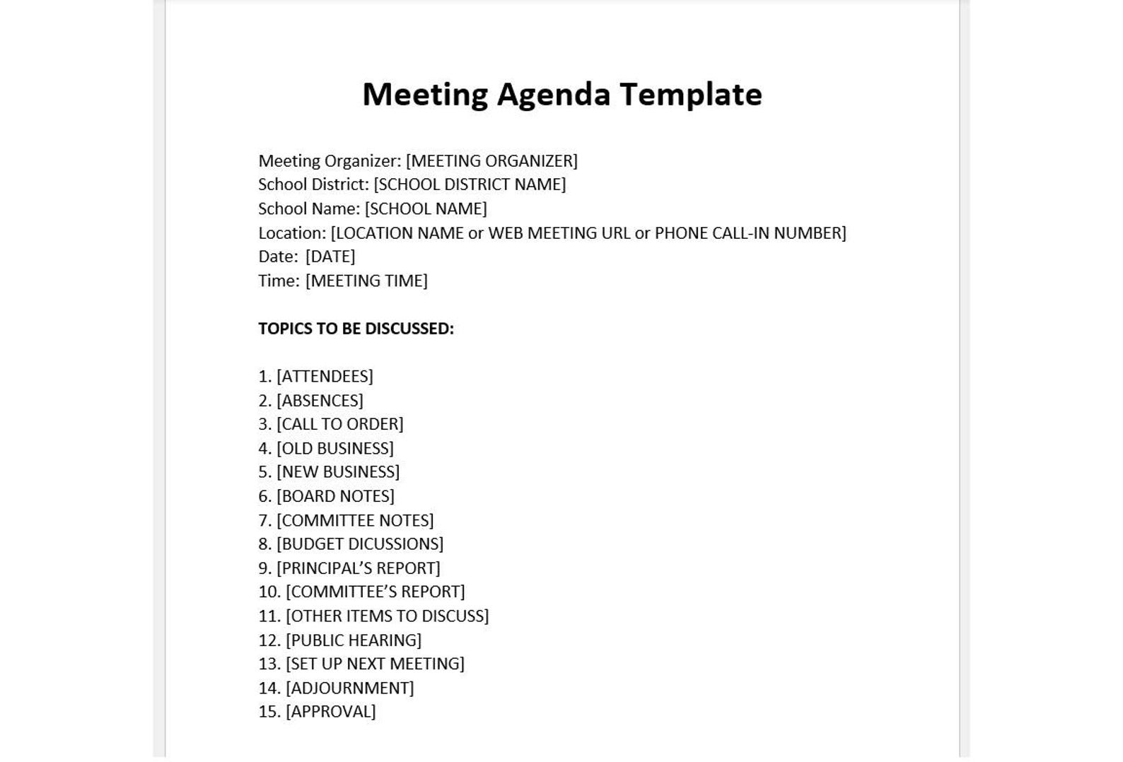 Editable School Meeting Minutes Template, Meeting Agenda, School ...