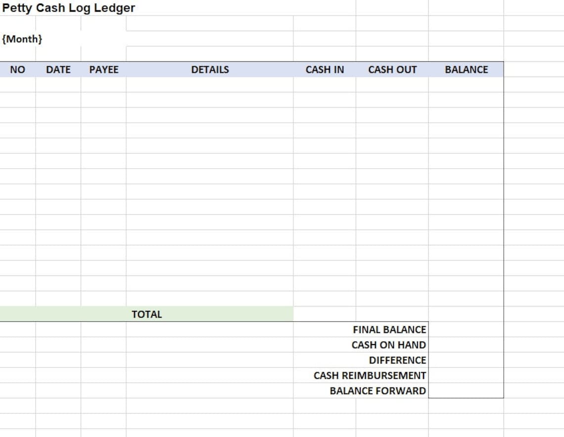 Petty Cash Log Ledger, Cash Ledger Template, Petty Cash Ledger, Cash ...