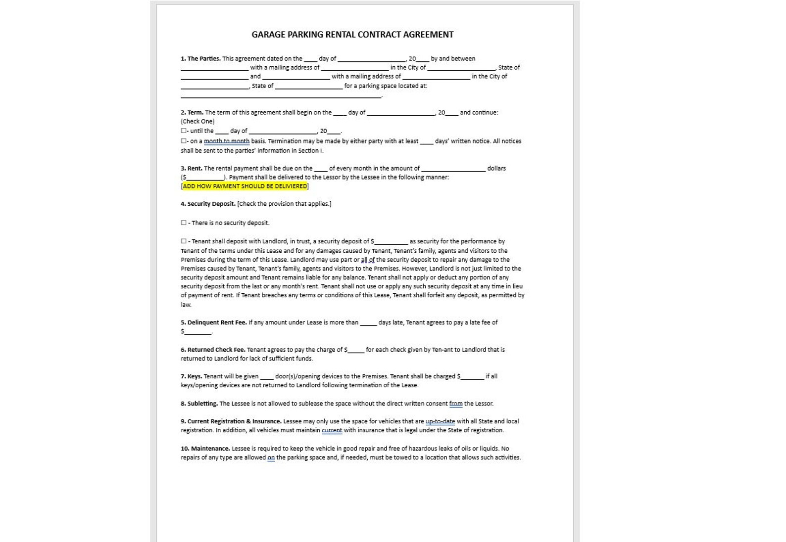 Parking Garage Space Rental Agreement, Parking Garage Space Rental ...