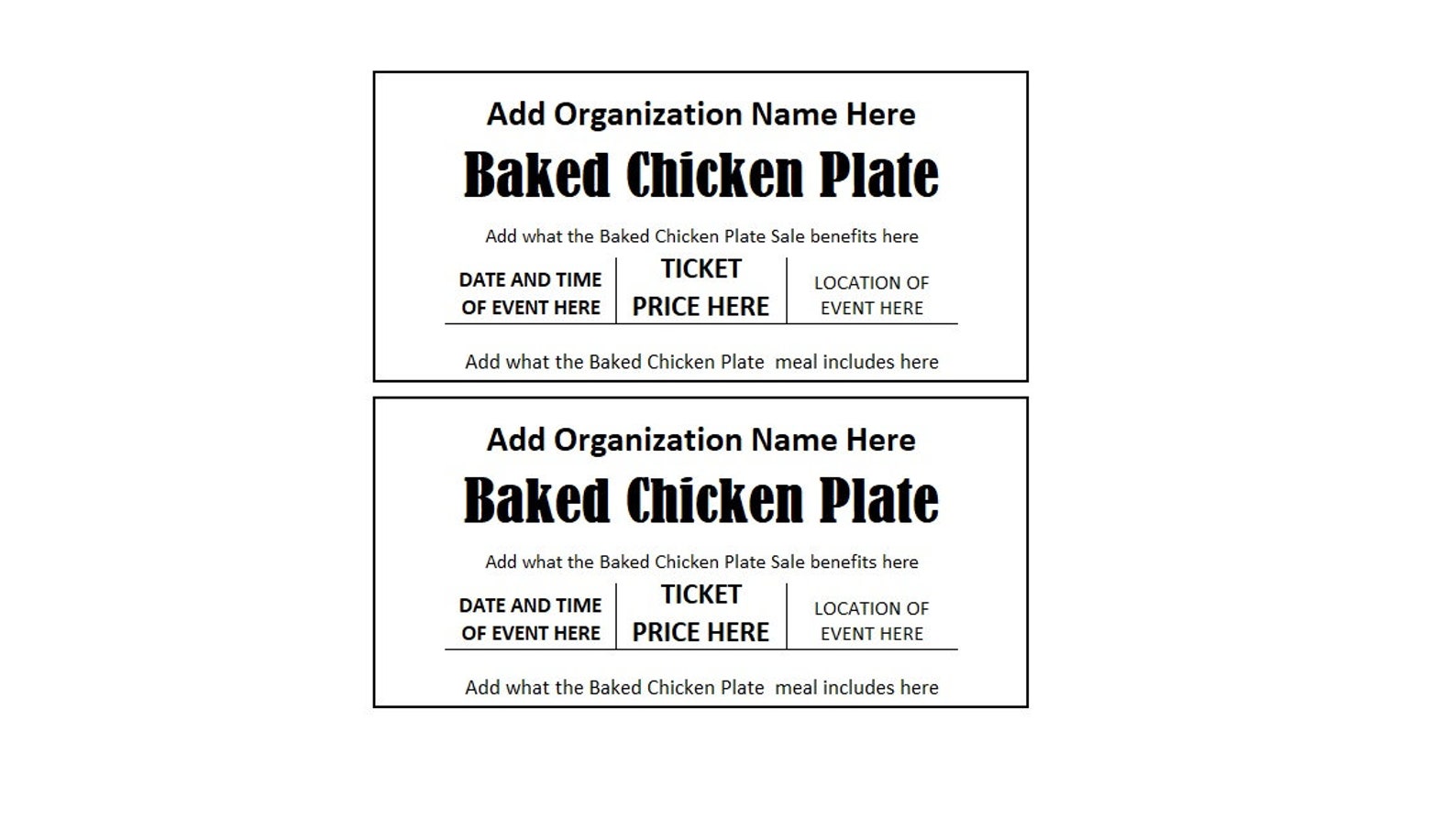 Editable Baked Chicken Plate Sale Ticket, Baked Chicken Plate Sale ...
