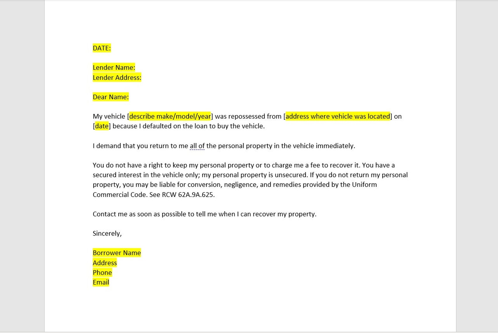 Repossession Return of Personal Property, Repossession Return of ...