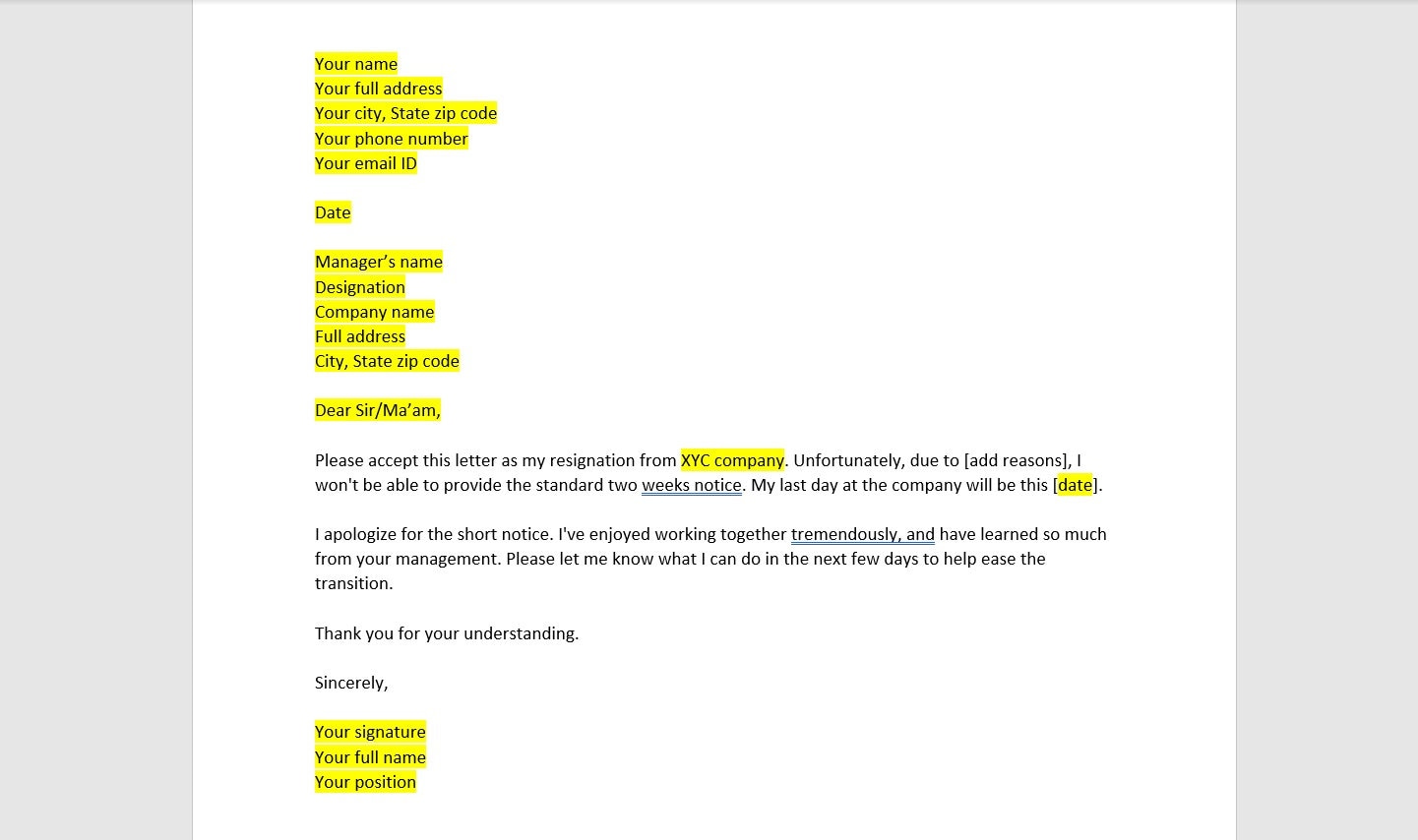 Short Notice Resignation Letter Template Resignation Letter - Etsy Ireland Short Notice Resignation Letter Template Resignation Letter - Etsy Ireland