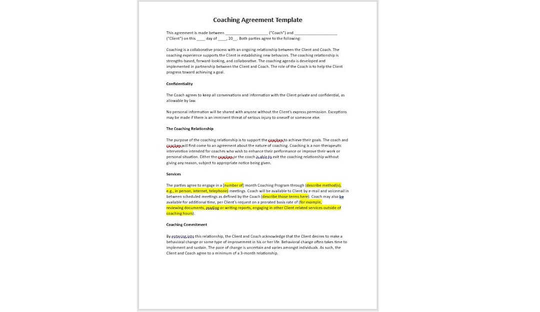 Editable Coaching Agreement Template, Coaching Agreement, Coaching ...
