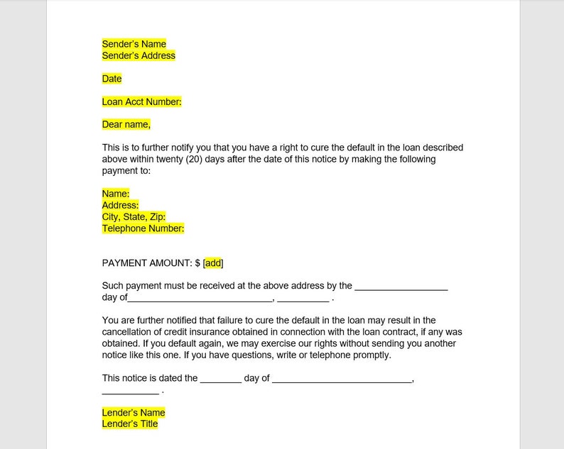Notice of Right to Cure Auto Loan Default, Notice of Right to Cure ...
