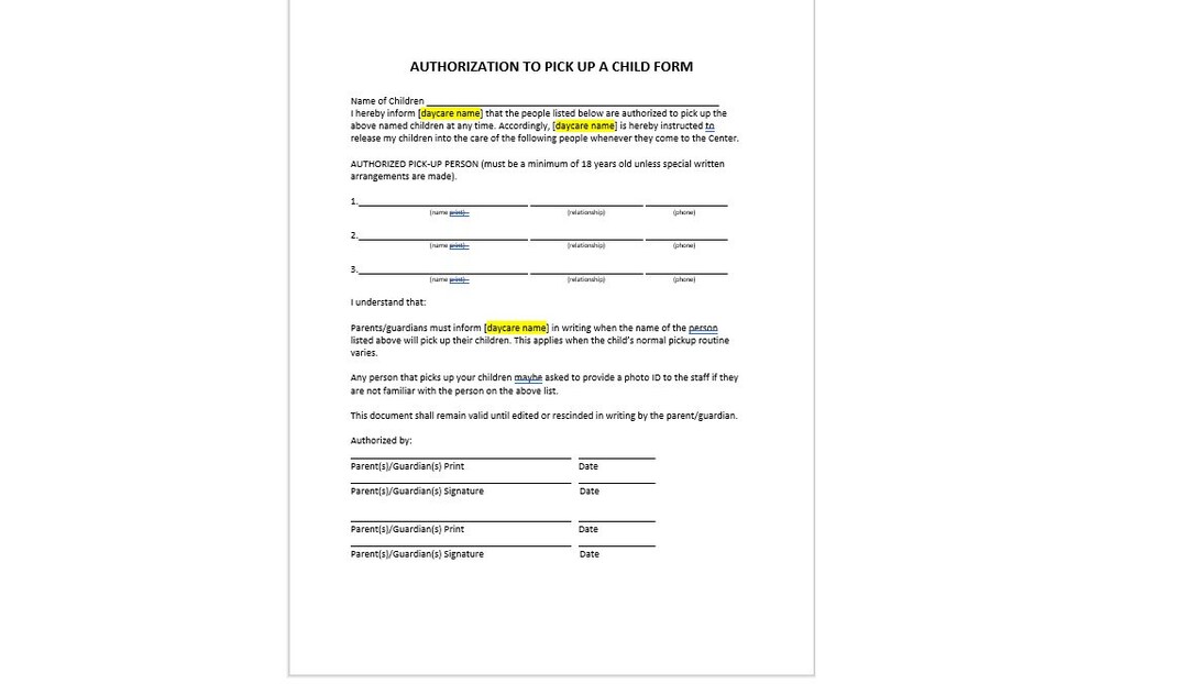 Editable Authorization to Pick up Form, Authorization to Pick up Form ...