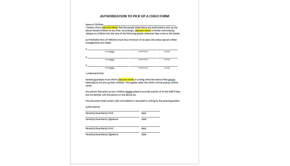 Editable Authorization to Pick up Form, Authorization to Pick up Form ...