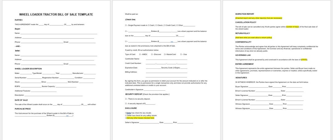 Editable Wheel Loader Bill of Sale Template, Editable Bill of Sale ...