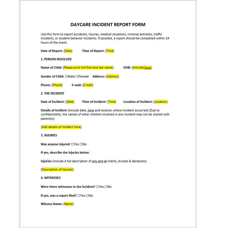 Daycare Incident Report - Etsy