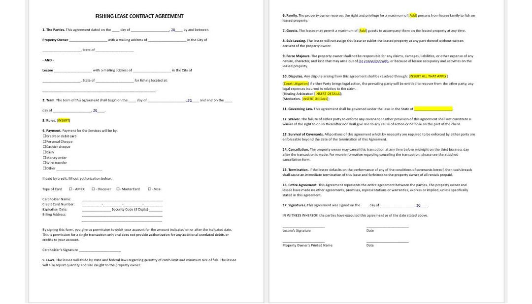 Editable Fishing Lease Agreement Contract, Fishing Lease Agreement ...