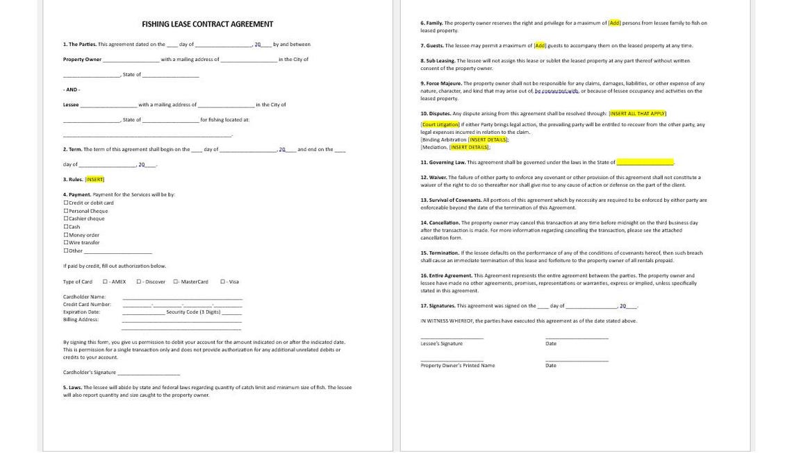 Editable Fishing Lease Agreement Contract, Fishing Lease Agreement ...
