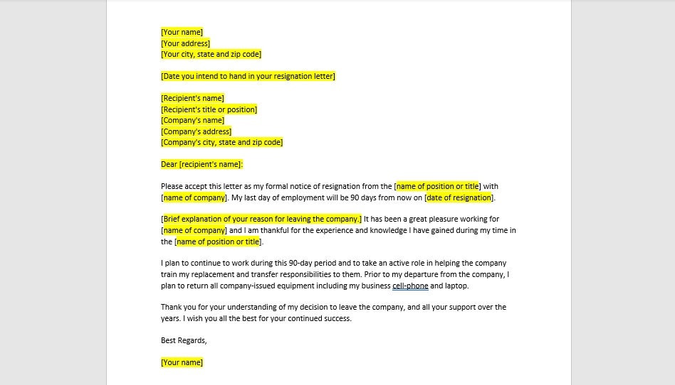 90 Day Resignation Letter Template, Resignation Letter, Resignation ...