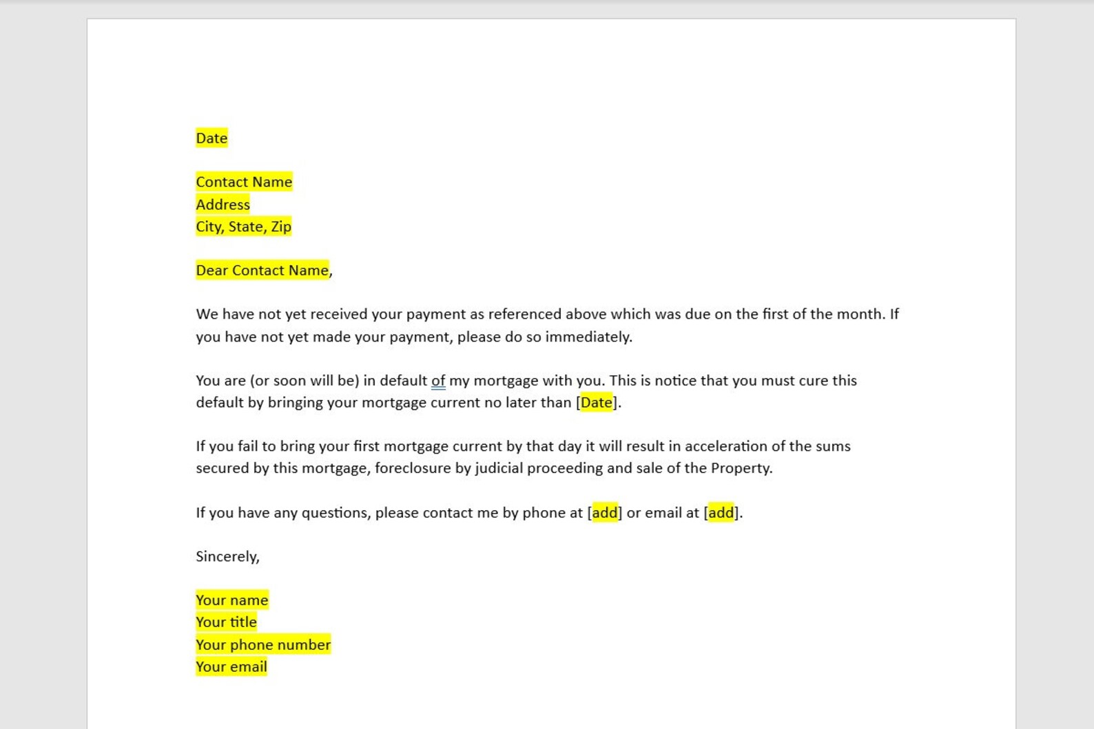 Mortgage Default Letter, Mortgage Default Letter Template, Default ...