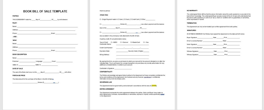 Editable Book Bill of Sale Template, Editable Bill of Sale, Bill of ...