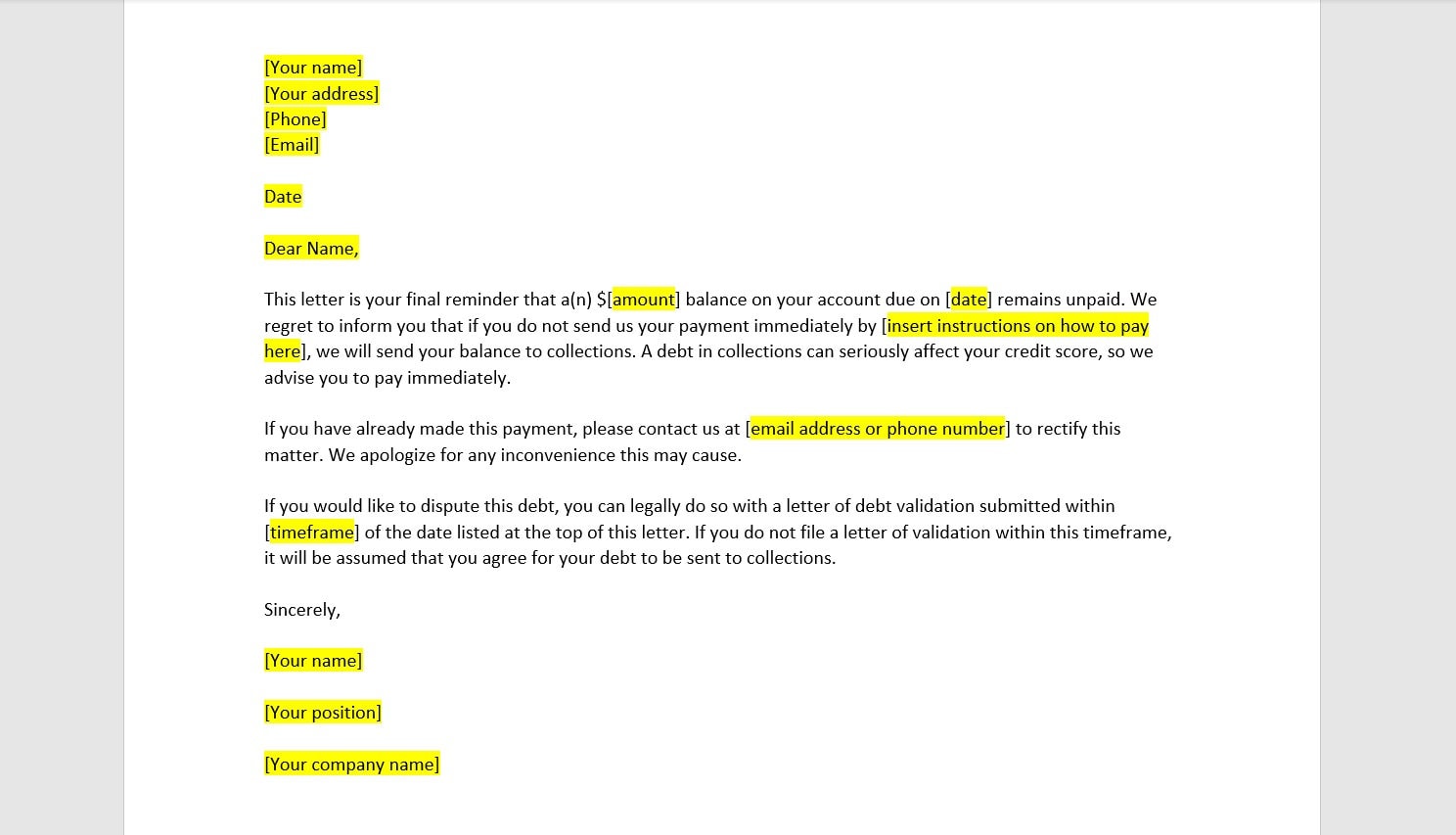 Final Debt Collection Letter Template, Debt Collection Letter, Debt ...