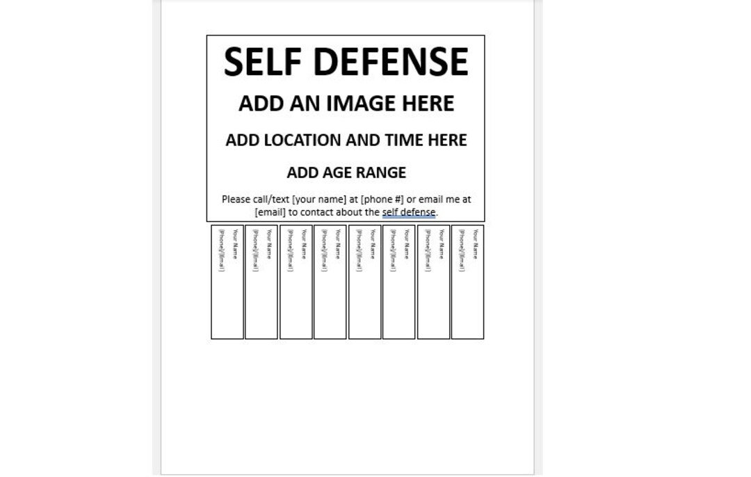 Editable Self Defense Tear-off Flyer, Tear-off Flyer Template, Self ...