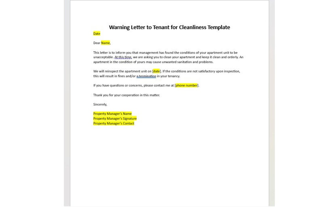 Tenant Cleanliness Violation Letter Template, Cleanliness Violation ...