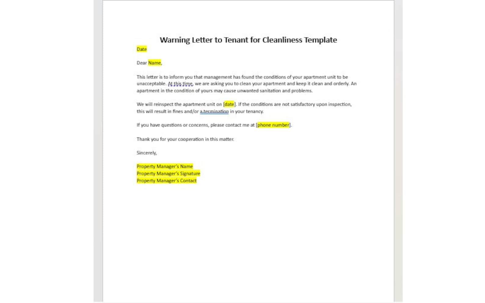 Tenant Cleanliness Violation Letter Template, Cleanliness Violation ...