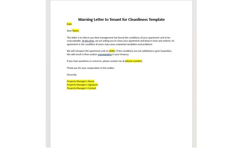 Tenant Cleanliness Violation Letter Template, Cleanliness Violation ...