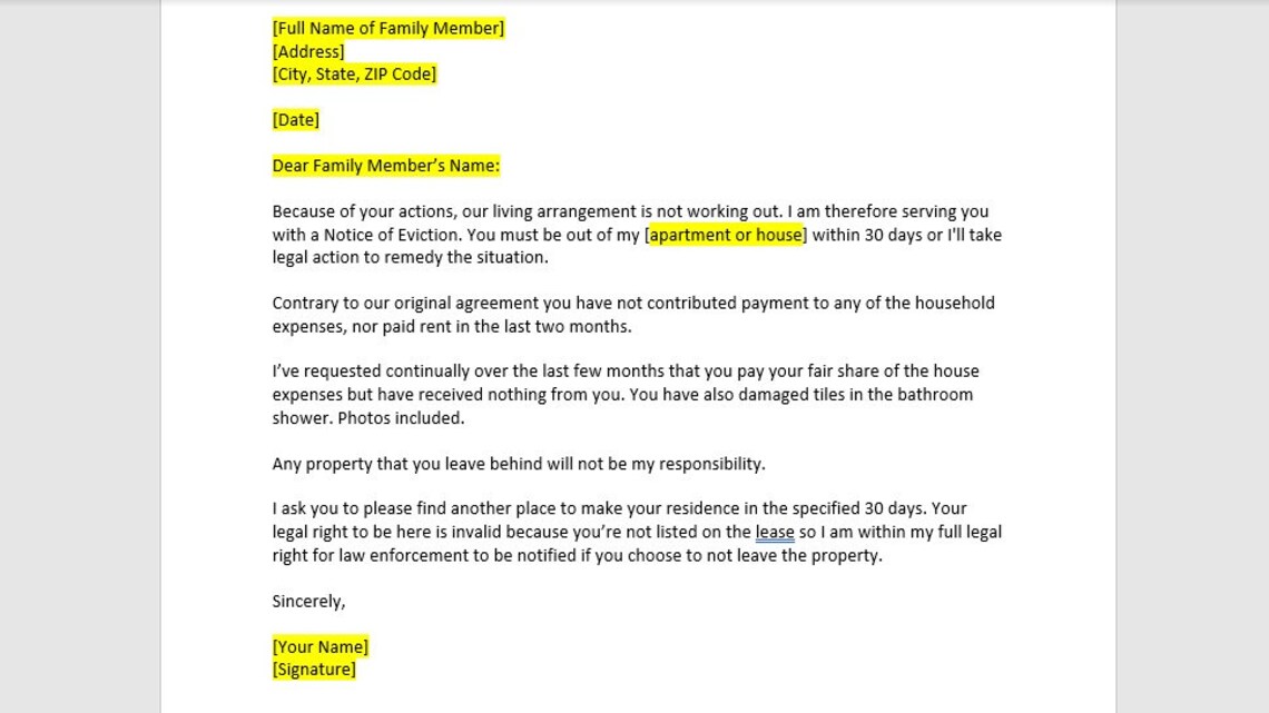 Family Eviction Notice Letter Template, Eviction Notice Letter ...