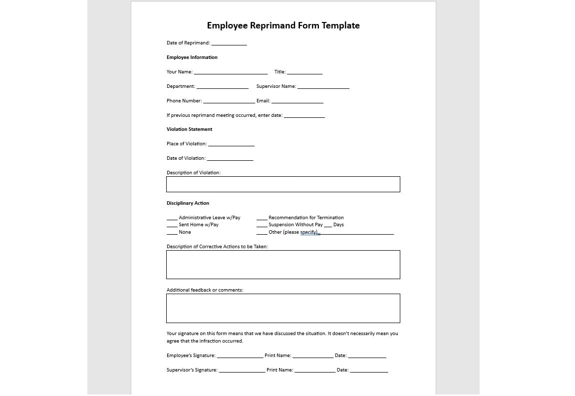 Editable Employee Reprimand Form Template, Reprimand Template ...
