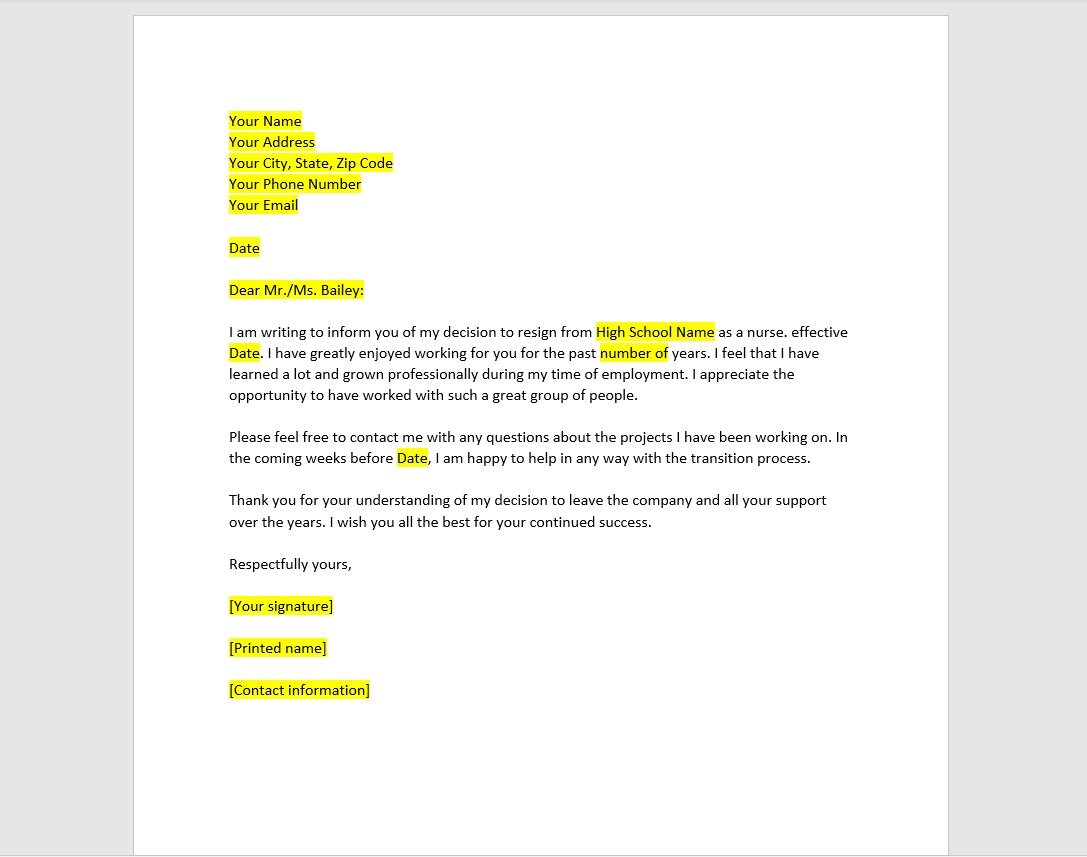 School Nurse Resignation School Nurse Resignation Letter School Nurse