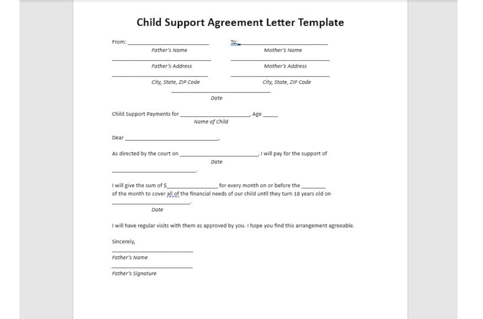 Child Support Agreement Letter, Child Support Agreement Letter Template ...