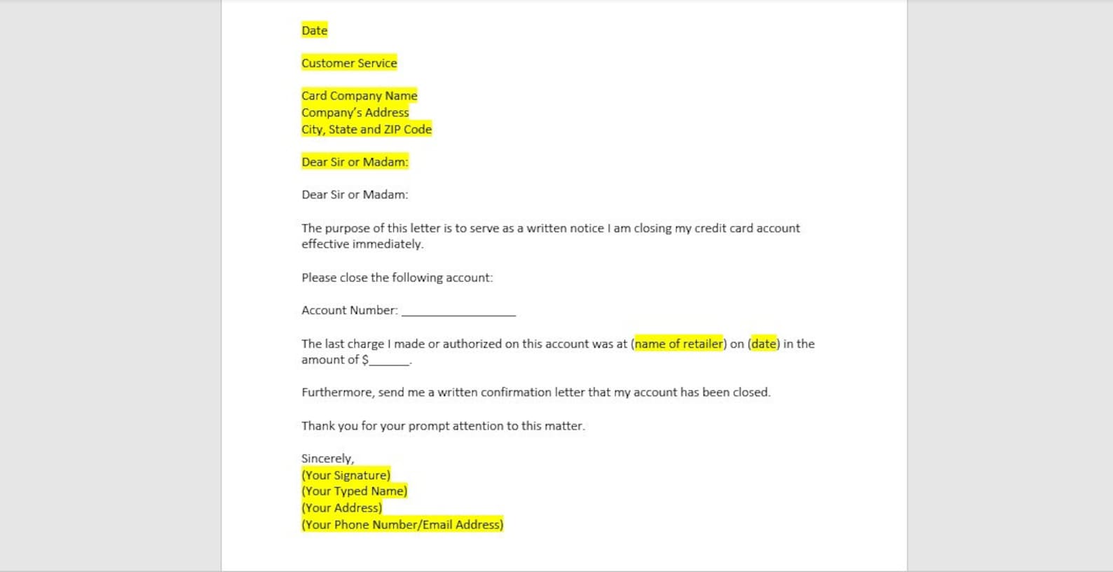Credit Card Account Close Letter Template, Credit Card Account Close ...