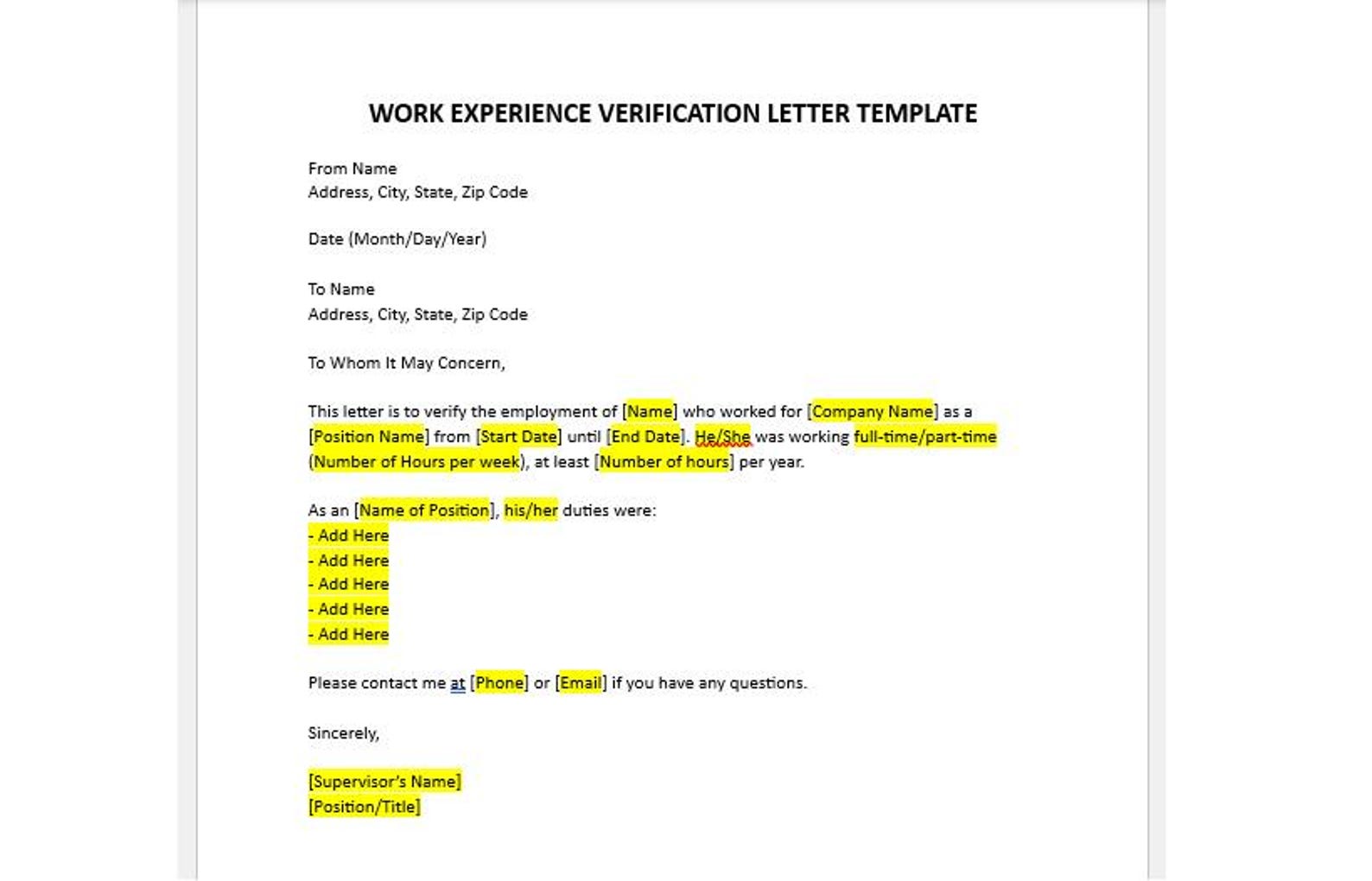 Editable Work Experience Verification Letter From Employer Template ...