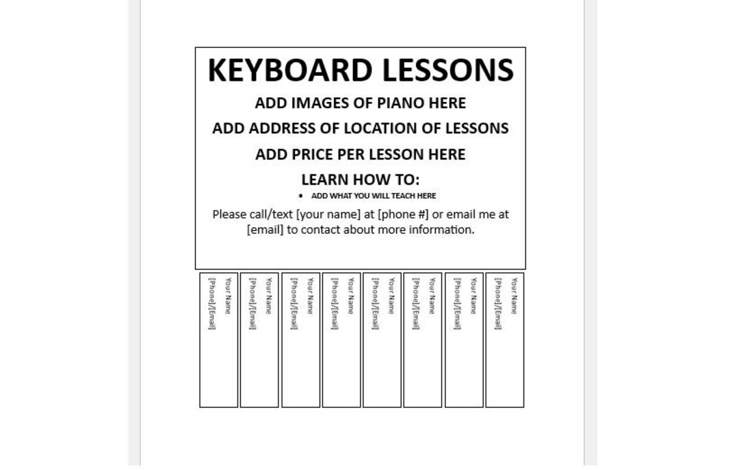 Editable Keyboard Lessons Tear-off Flyer, Keyboard Lessons Tear-off ...