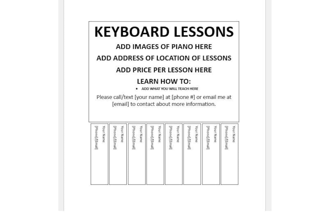 Editable Keyboard Lessons Tear-off Flyer, Keyboard Lessons Tear-off ...