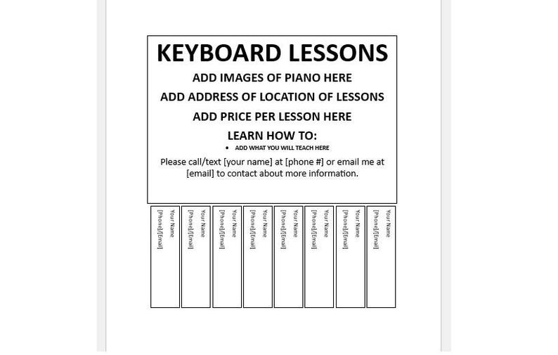 Editable Keyboard Lessons Tear-off Flyer, Keyboard Lessons Tear-off ...