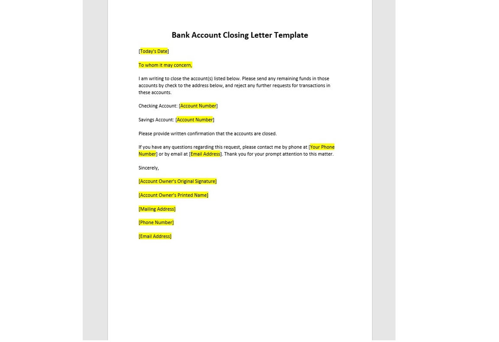 Editable Letter to Close Bank Account, Letter to Close Account Template ...