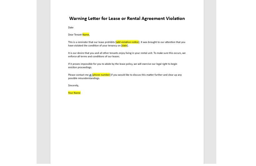Warning Letter for Lease or Rental Agreement Violation Template, Rentel ...