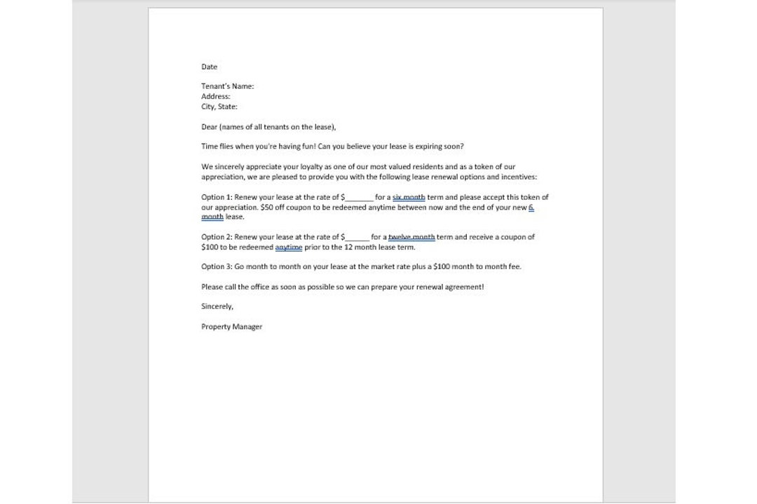 Lease Renewal Reminder Letter to Tenant Template, Lease Renewal Letter ...