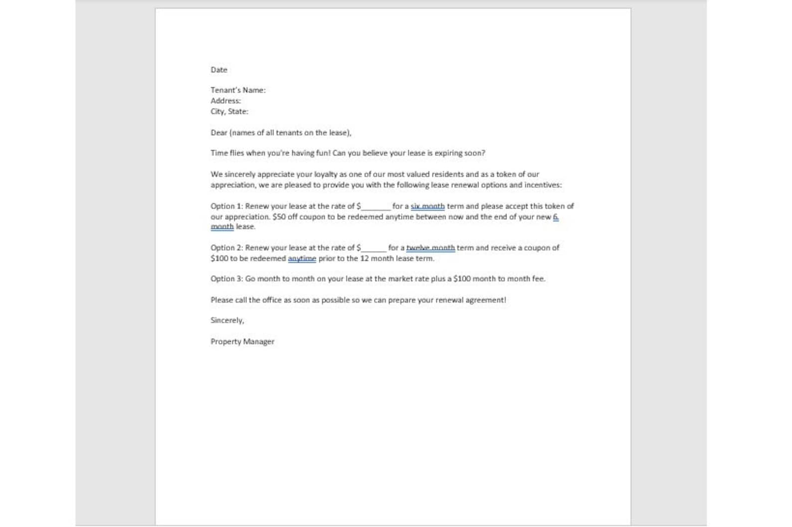 Lease Renewal Reminder Letter to Tenant Template, Lease Renewal Letter ...