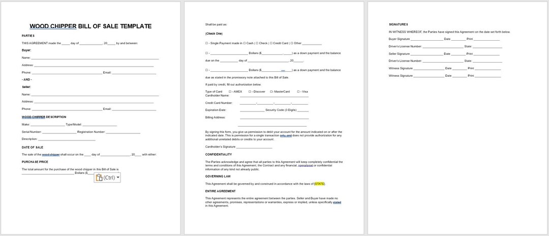 Editable Wood Chipper Bill of Sale Template, Editable Bill of Sale ...