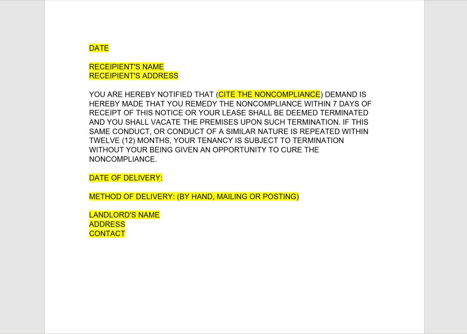 Seven Notice to Cure, Seven Notice to Cure Template, Seven Notice to ...