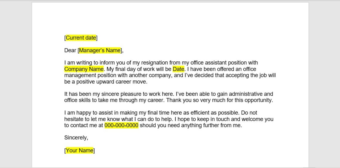 Office Assistant Resignation Letter Template, Resignation Letter ...