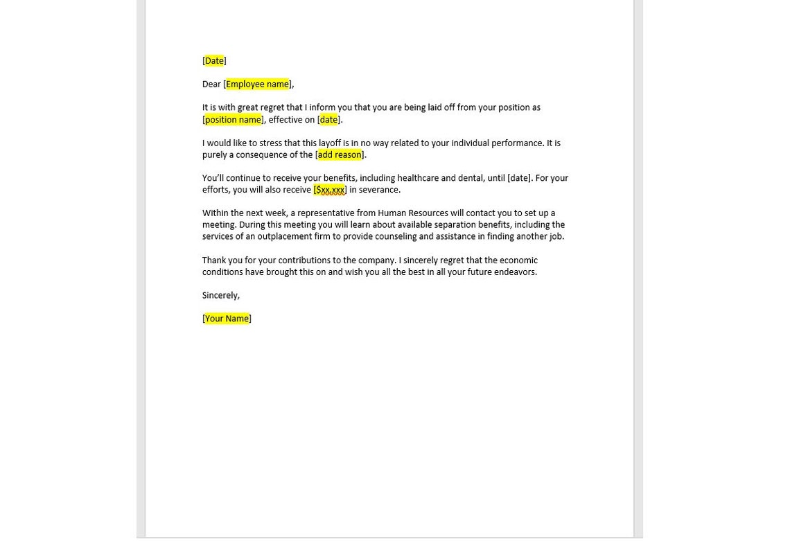 Editable Laid Letter Template, Termination Letter Template, Downsizing ...