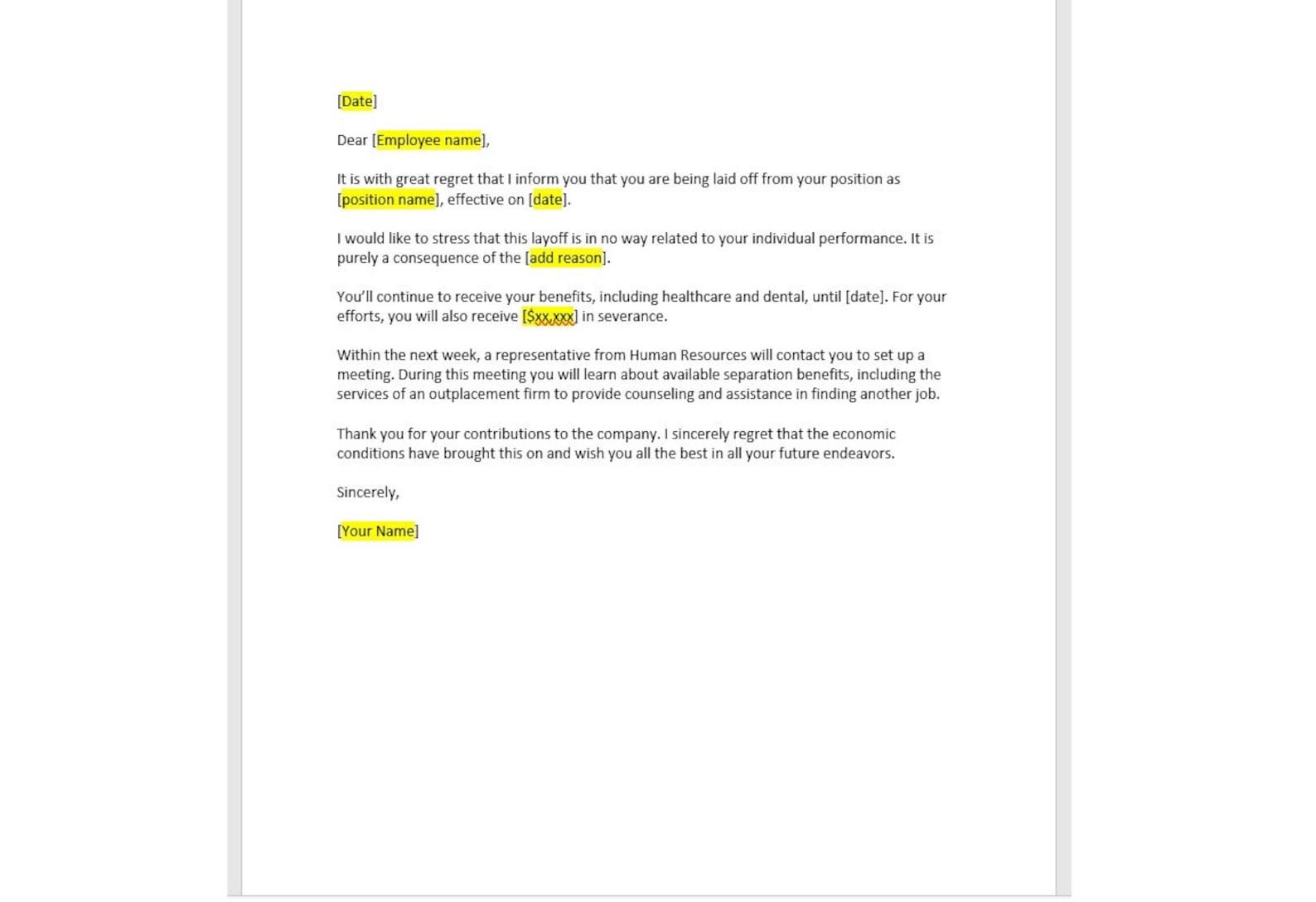 Editable Laid Letter Template, Termination Letter Template, Downsizing Letter, Termination ...