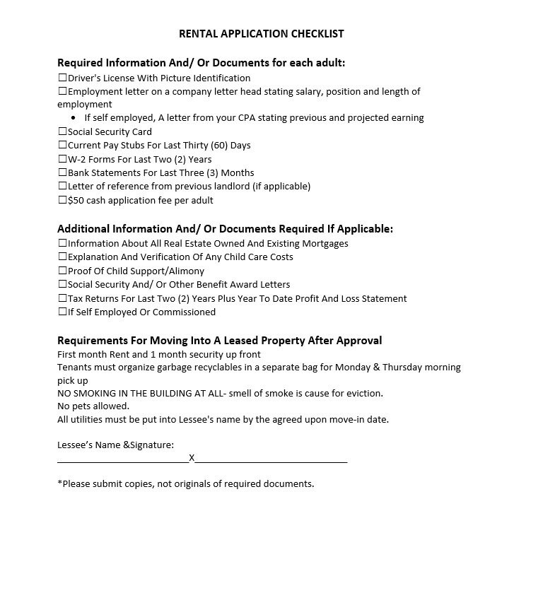 Rental Application Checklist Template, Rental Application Checklist ...