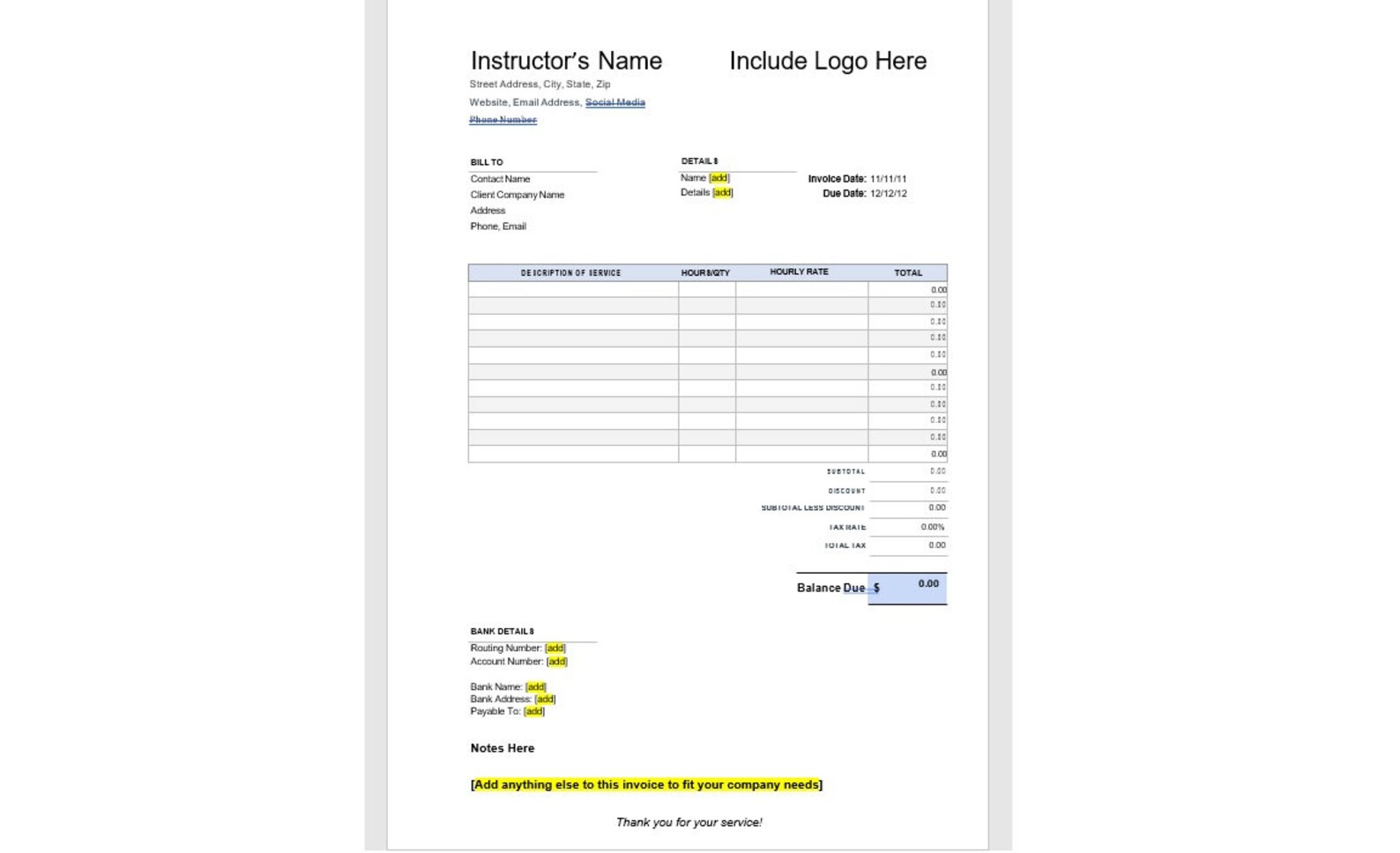 Editable Fitness Instructor Invoice Template, Fitness Instructor ...
