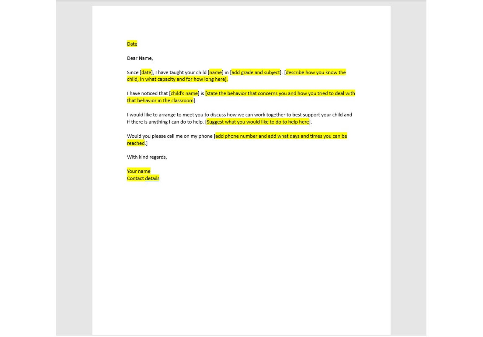 Editable Letter to Parent About Child's Behavior, Letter to Parent ...