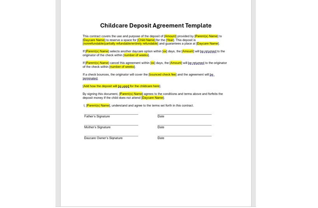 Child Care Deposit Agreement Template, Daycare Deposit Agreement ...