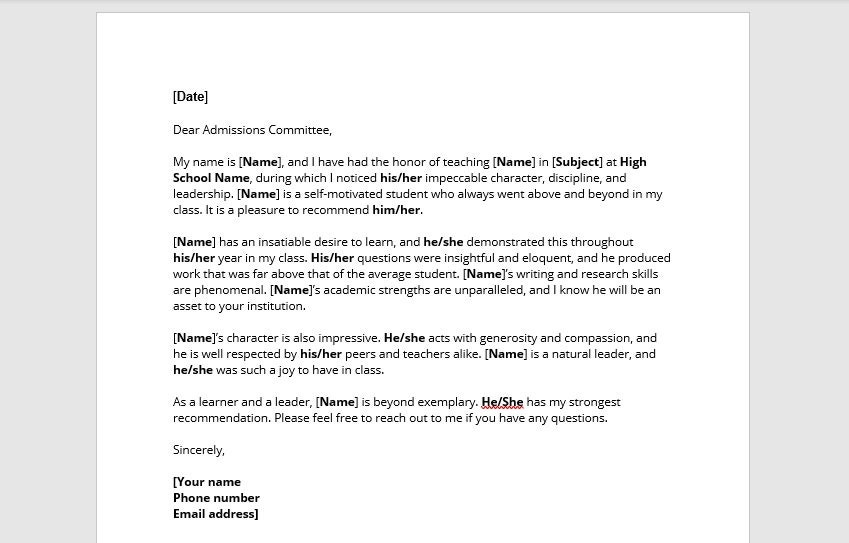 College Recommendation Letter Template, College Recommendation Letter ...