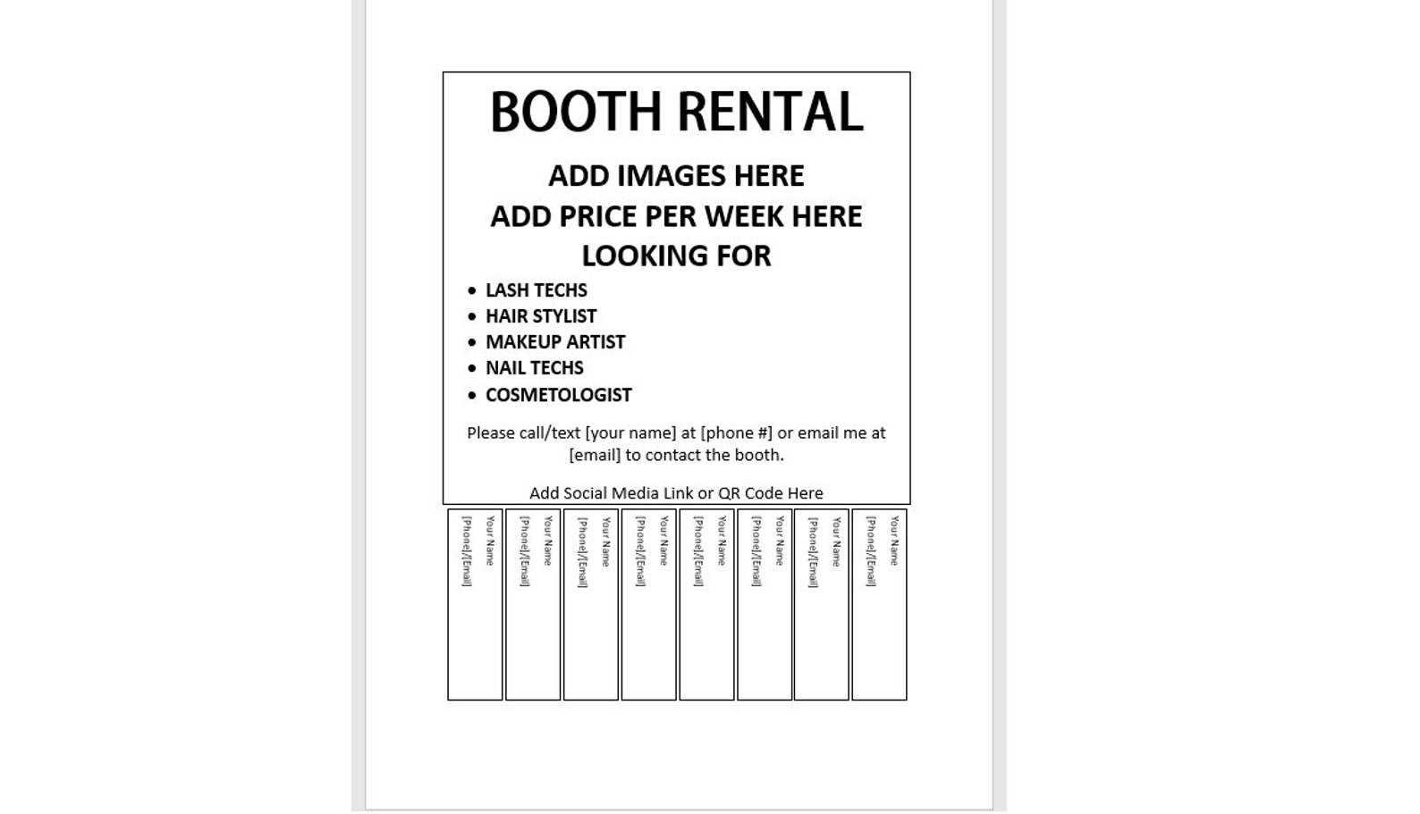 Editable Booth Rental Tear-off Flyer, Booth Rental Ad, Tear-off Flyer ...