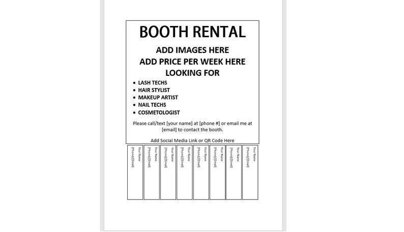 Editable Booth Rental Tear-off Flyer, Booth Rental Ad, Tear-off Flyer ...
