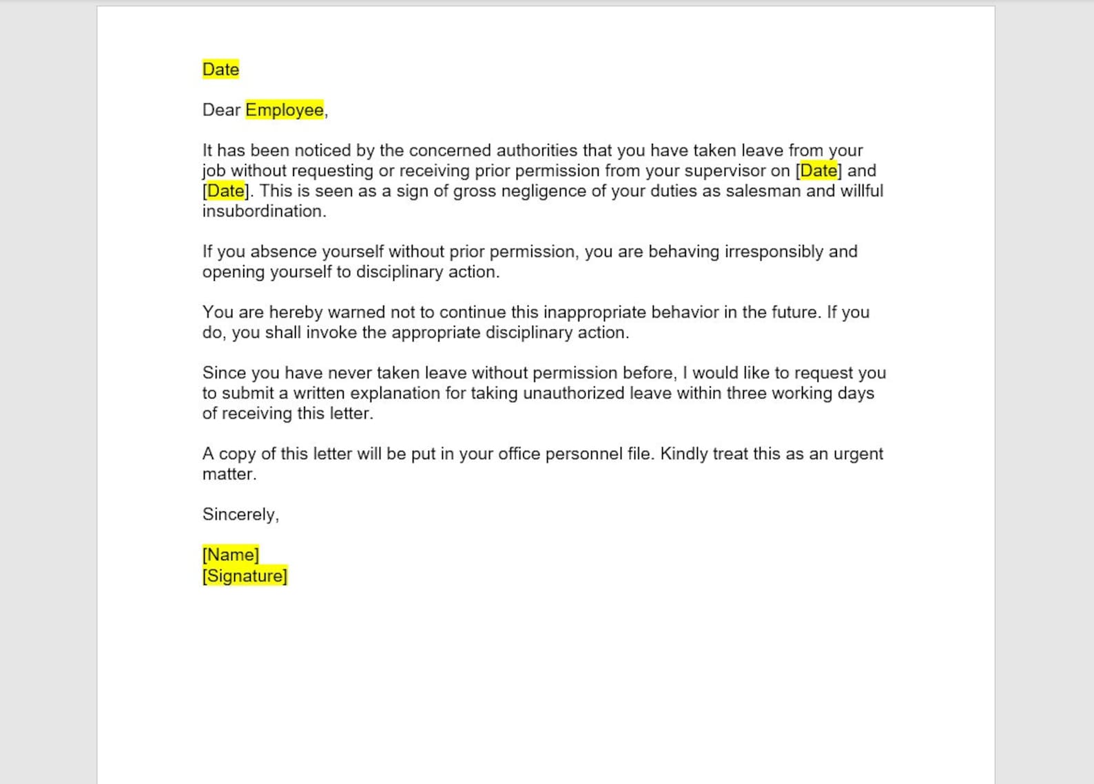 Employee Unauthorized Absence Warning Letter, Employee Unauthorized ...